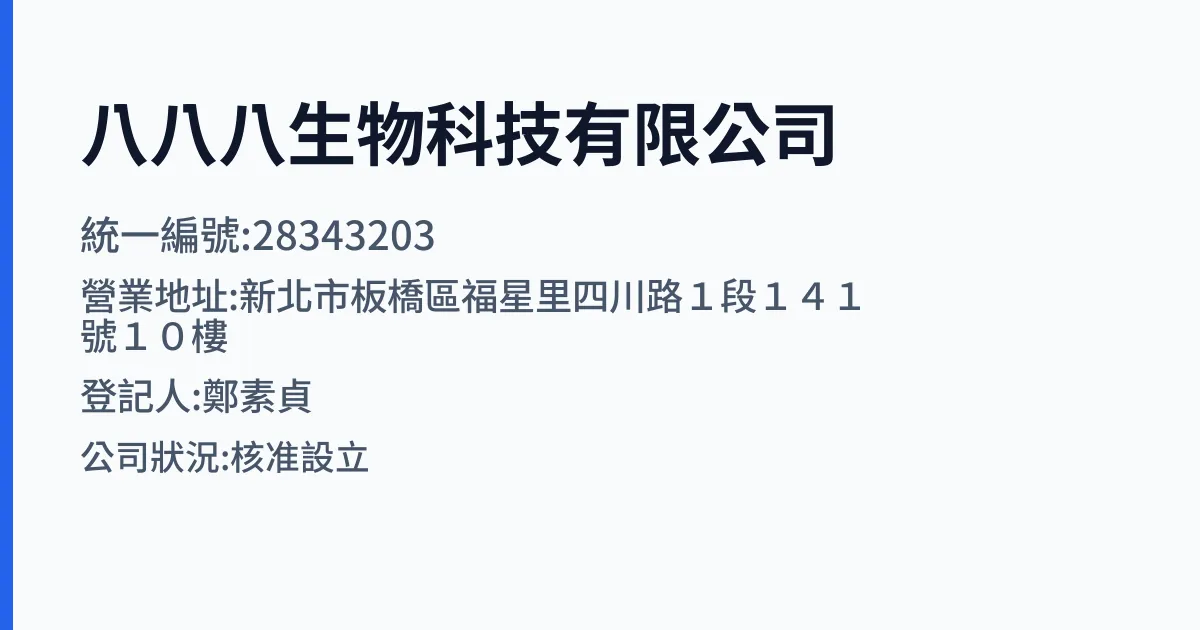 八八八生物科技有限公司 - 統編 28343203(新北市) 公司登記資料與營業項目詳細圖表