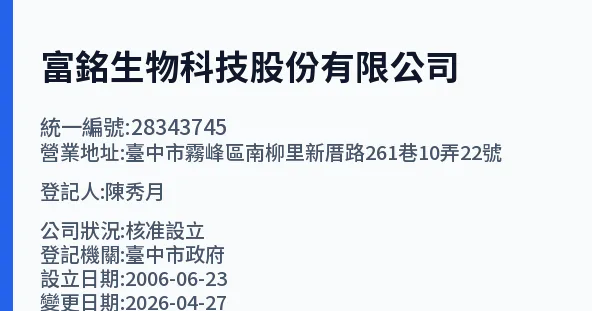 富銘生物科技股份有限公司的照片-統編 28343745(臺中市) 公司登記資料與營業項目詳細圖表