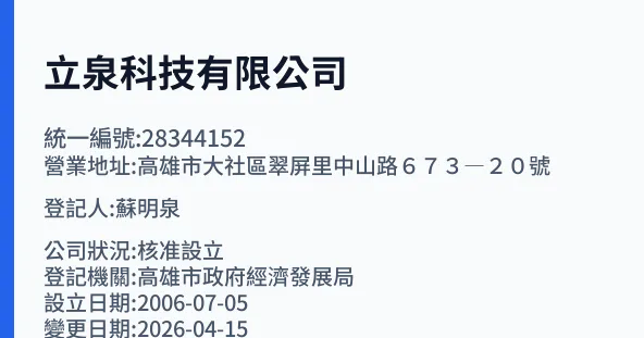 立泉科技有限公司的照片-統編 28344152(高雄市) 公司登記資料與營業項目詳細圖表