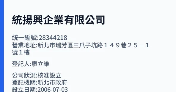 統揚興企業有限公司的照片-統編 28344218(新北市) 公司登記資料與營業項目詳細圖表