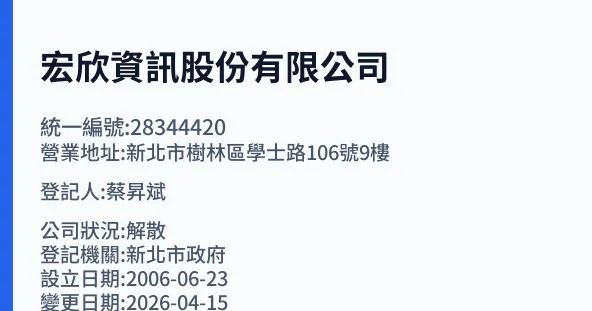 宏欣資訊股份有限公司的照片-統編 28344420(新北市) 公司登記資料與營業項目詳細圖表