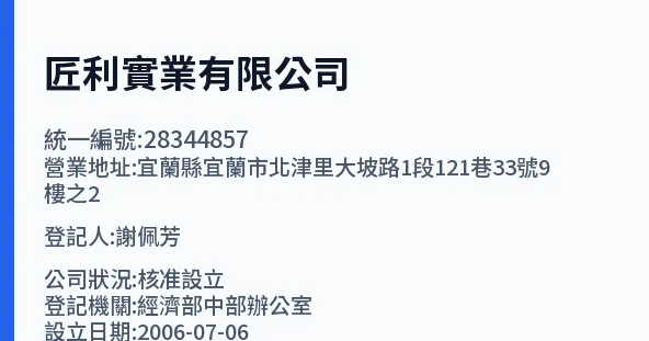 匠利實業有限公司的照片-統編 28344857(宜蘭縣) 公司登記資料與營業項目詳細圖表