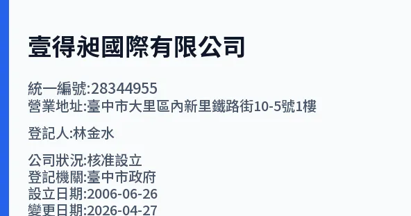 壹得昶國際有限公司的照片-統編 28344955(臺中市) 公司登記資料與營業項目詳細圖表