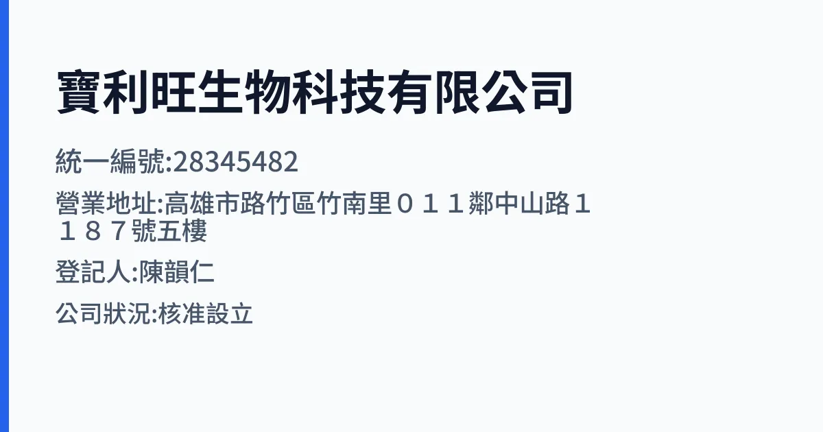 寶利旺生物科技有限公司 - 統編 28345482(高雄市) 公司登記資料與營業項目詳細圖表