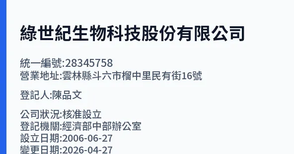 綠世紀生物科技股份有限公司的照片-統編 28345758(雲林縣) 公司登記資料與營業項目詳細圖表