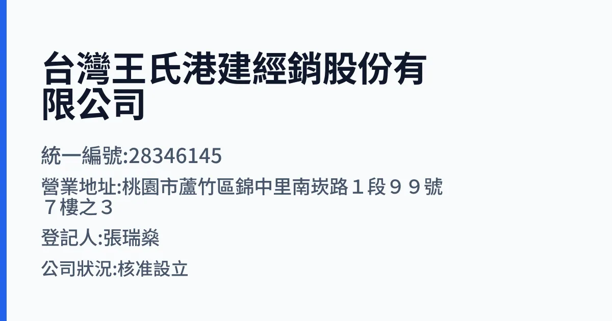 台灣王氏港建經銷股份有限公司 - 統編 28346145(桃園市) 公司登記資料與營業項目詳細圖表