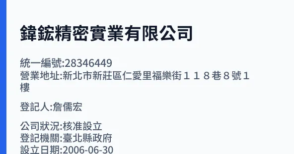 鍏鋐精密實業有限公司的照片-統編 28346449(新北市) 公司登記資料與營業項目詳細圖表