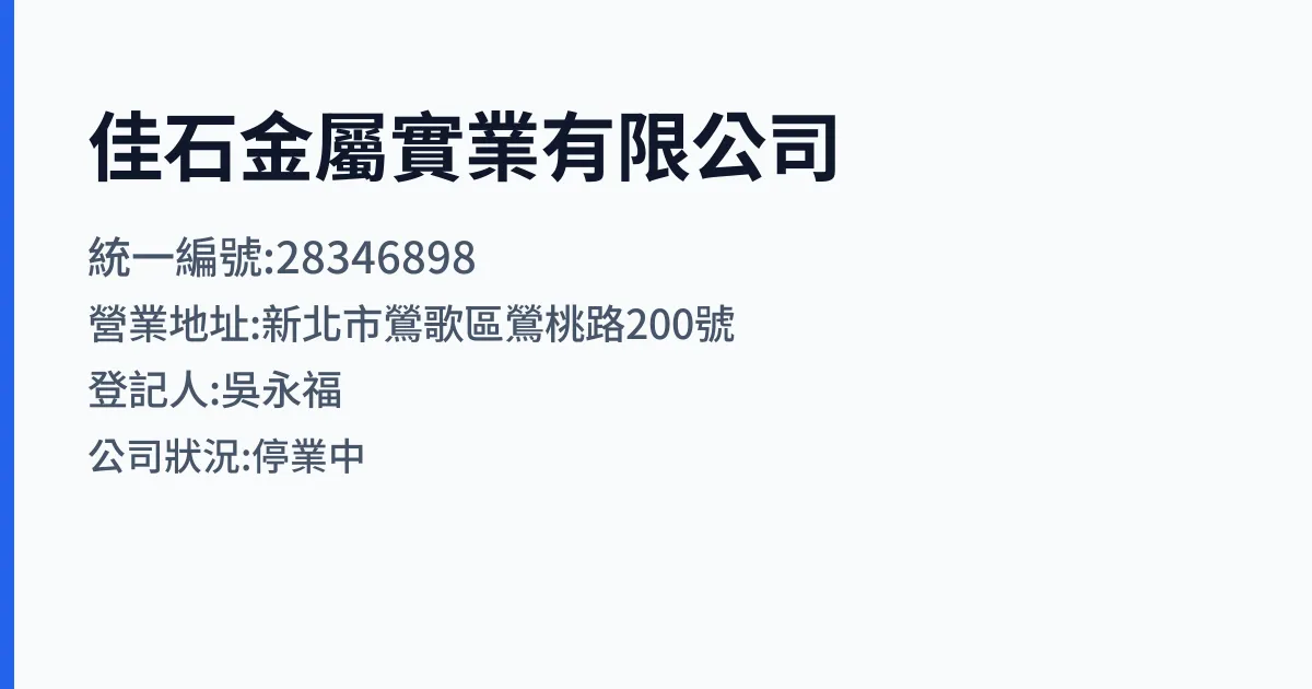 佳石金屬實業有限公司 - 統編 28346898(新北市) 公司登記資料與營業項目詳細圖表