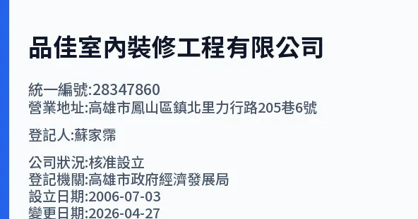 品佳室內裝修工程有限公司的照片-統編 28347860(高雄市) 公司登記資料與營業項目詳細圖表