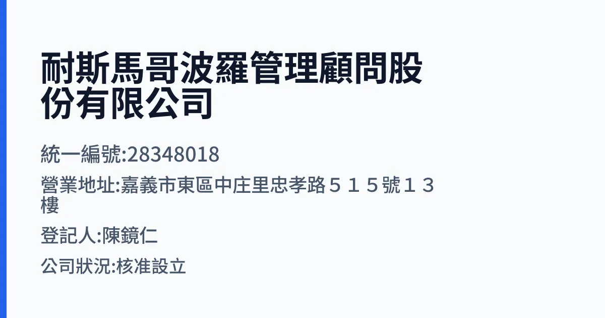 耐斯馬哥波羅管理顧問股份有限公司 - 統編 28348018(嘉義市) 公司登記資料與營業項目詳細圖表