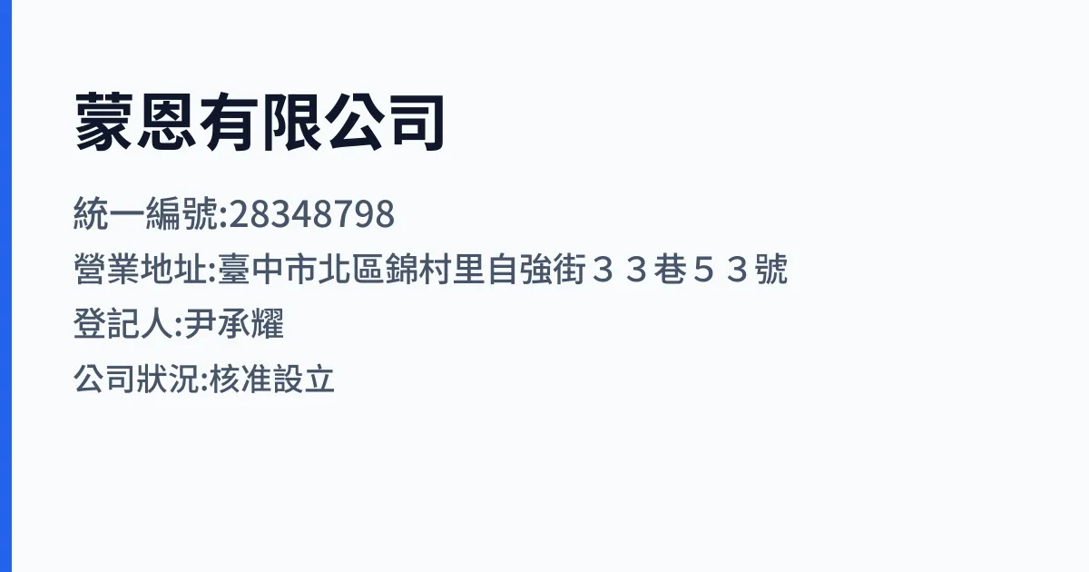 蒙恩有限公司 - 統編 28348798(臺中市) 公司登記資料與營業項目詳細圖表