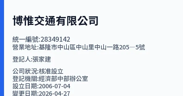 博惟交通有限公司的照片-統編 28349142(基隆市) 公司登記資料與營業項目詳細圖表