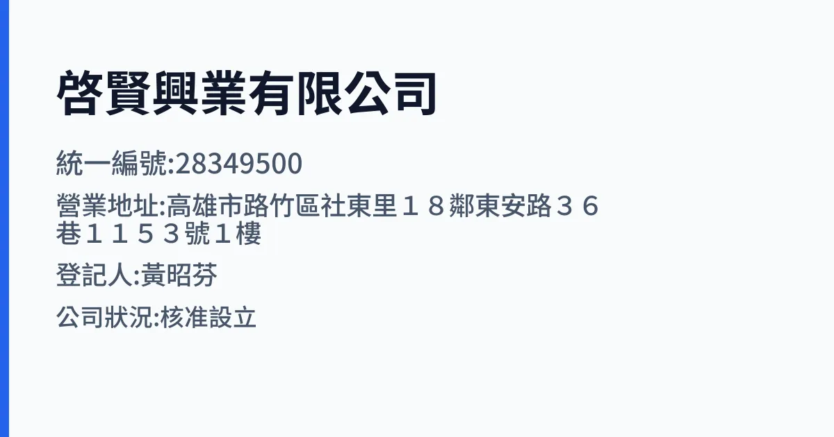 啓賢興業有限公司 - 統編 28349500(高雄市) 公司登記資料與營業項目詳細圖表