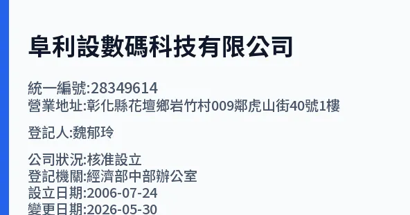 阜利設數碼科技有限公司的照片-統編 28349614(彰化縣) 公司登記資料與營業項目詳細圖表