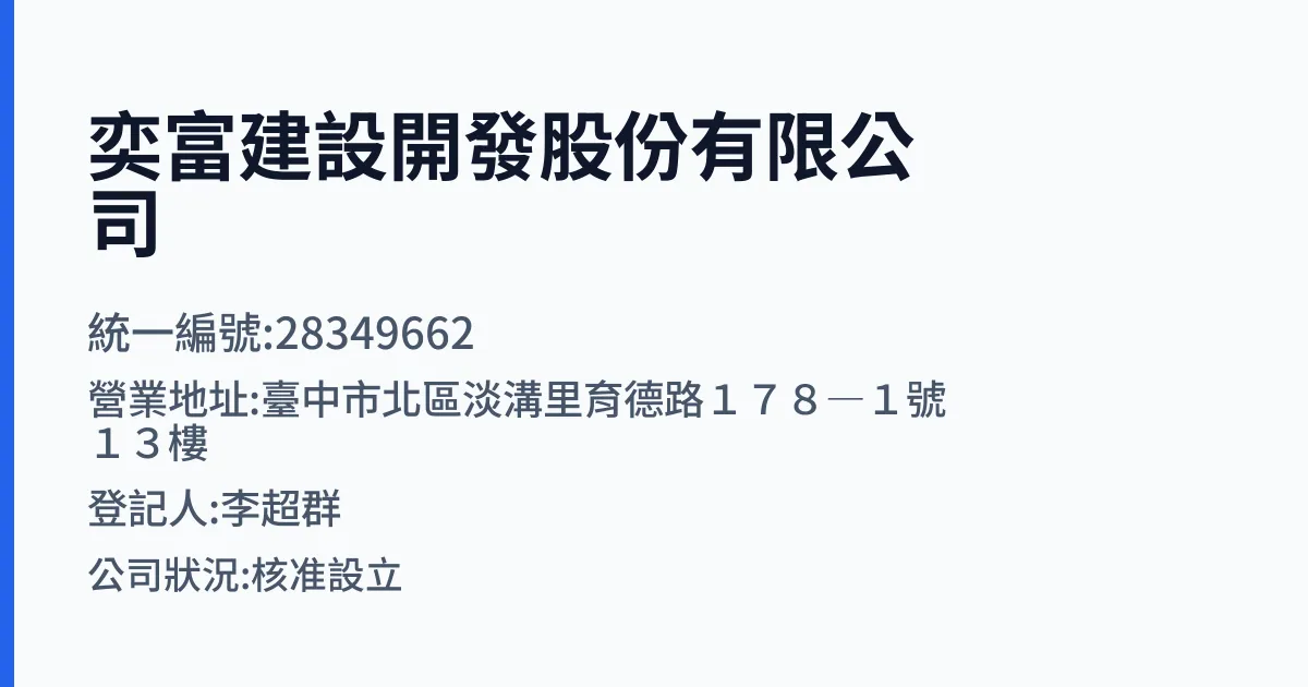奕富建設開發股份有限公司 - 統編 28349662(臺中市) 公司登記資料與營業項目詳細圖表