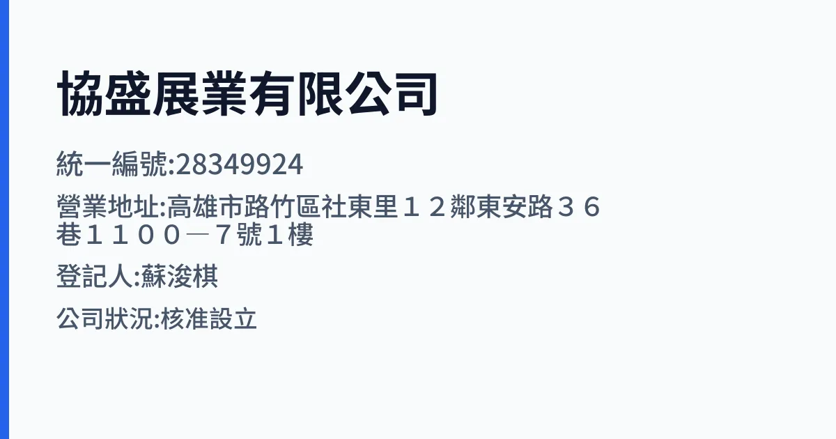 協盛展業有限公司 - 統編 28349924(高雄市) 公司登記資料與營業項目詳細圖表