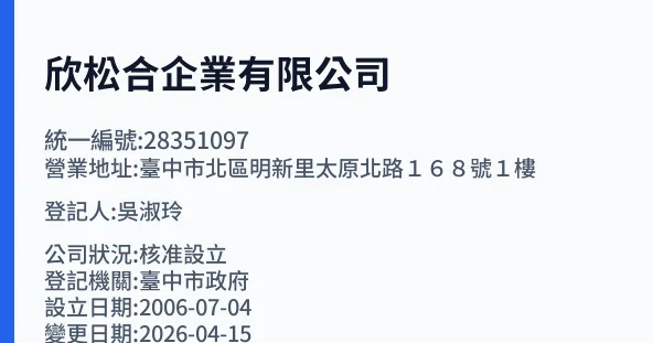 欣松合企業有限公司的照片-統編 28351097(臺中市) 公司登記資料與營業項目詳細圖表