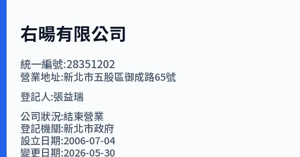 右暘有限公司的照片-統編 28351202(新北市) 公司登記資料與營業項目詳細圖表