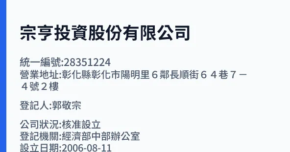 宗亨投資股份有限公司的照片-統編 28351224(彰化縣) 公司登記資料與營業項目詳細圖表