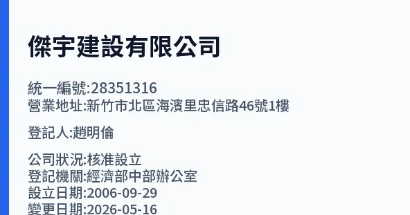 傑宇建設有限公司的照片-統編 28351316(新竹市) 公司登記資料與營業項目詳細圖表