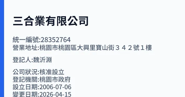 三合業有限公司的照片-統編 28352764(桃園市) 公司登記資料與營業項目詳細圖表