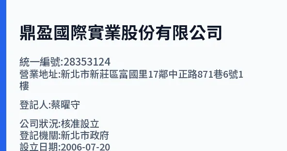 鼎盈國際實業股份有限公司的照片-統編 28353124(新北市) 公司登記資料與營業項目詳細圖表