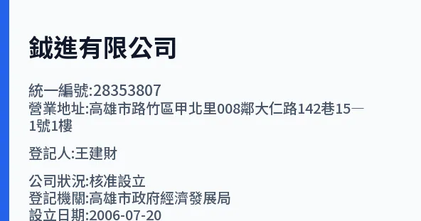 鉞進有限公司的照片-統編 28353807(高雄市) 公司登記資料與營業項目詳細圖表
