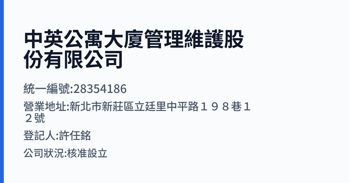 中英公寓大廈管理維護股份有限公司 - 統編 28354186 (新北市) 公司登記資料與營業項目詳細圖表