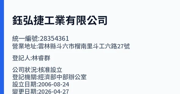 鈺弘捷工業有限公司的照片-統編 28354361(雲林縣) 公司登記資料與營業項目詳細圖表