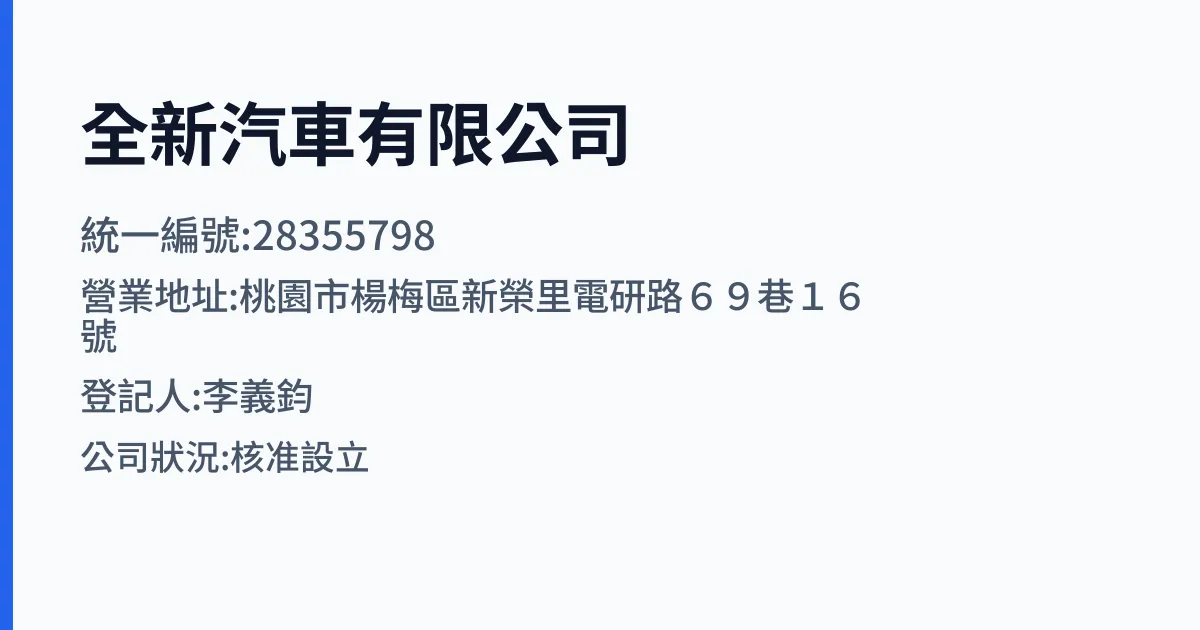 全新汽車有限公司 - 統編 28355798(桃園市) 公司登記資料與營業項目詳細圖表