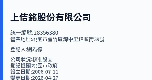 上佶銘股份有限公司的照片-統編 28356380(桃園市) 公司登記資料與營業項目詳細圖表