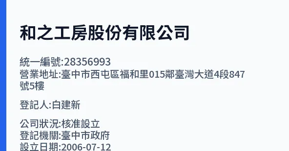 和之工房股份有限公司的照片-統編 28356993(臺中市) 公司登記資料與營業項目詳細圖表