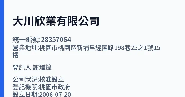 大川欣業有限公司的照片-統編 28357064(桃園市) 公司登記資料與營業項目詳細圖表