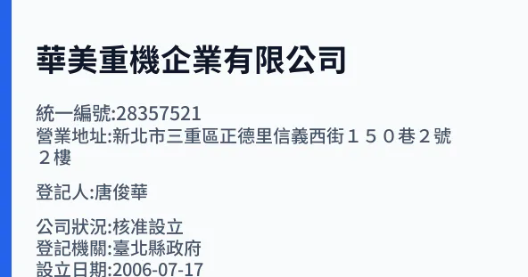 華美重機企業有限公司的照片-統編 28357521(新北市) 公司登記資料與營業項目詳細圖表