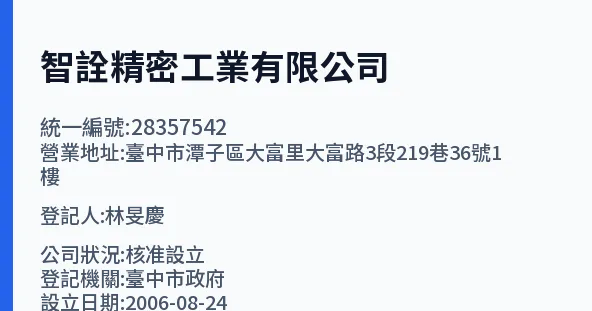 智詮精密工業有限公司的照片-統編 28357542(臺中市) 公司登記資料與營業項目詳細圖表