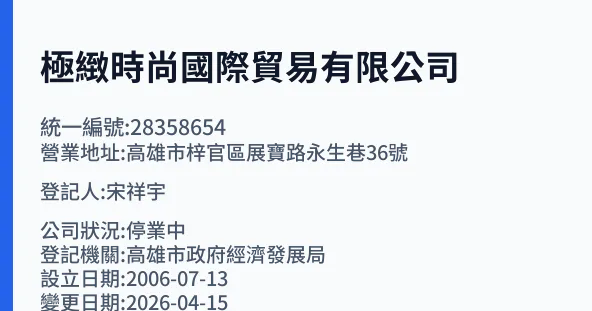 極緻時尚國際貿易有限公司的照片-統編 28358654(高雄市) 公司登記資料與營業項目詳細圖表