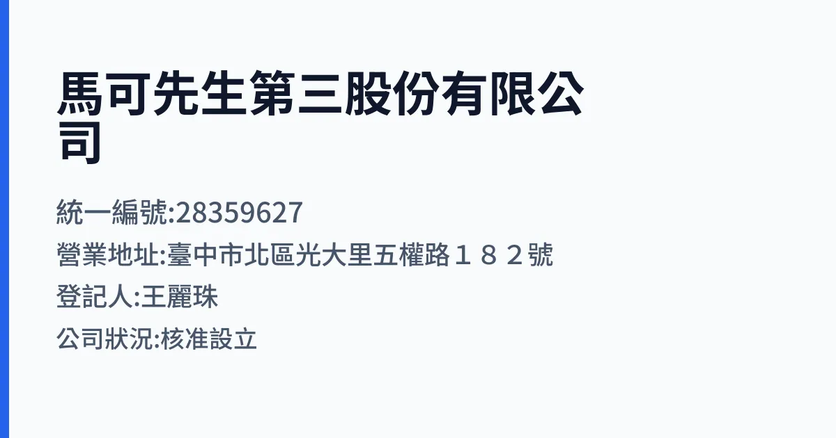 馬可先生第三股份有限公司 - 統編 28359627(臺中市) 公司登記資料與營業項目詳細圖表