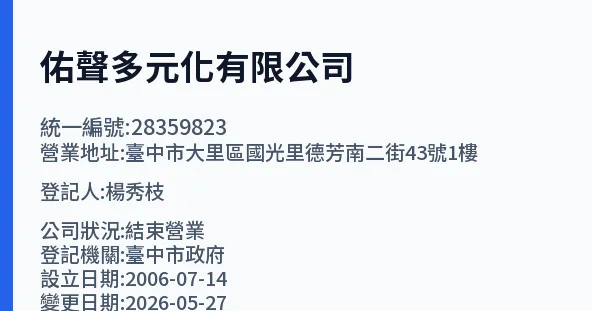 佑聲多元化有限公司的照片-統編 28359823(臺中市) 公司登記資料與營業項目詳細圖表