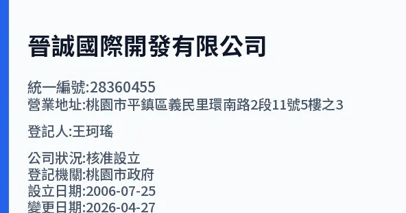 晉誠國際開發有限公司的照片-統編 28360455(桃園市) 公司登記資料與營業項目詳細圖表