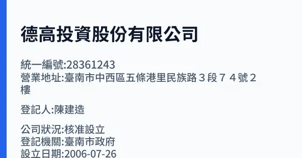 德高投資股份有限公司的照片-統編 28361243(臺南市) 公司登記資料與營業項目詳細圖表