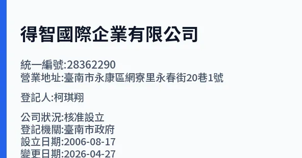 得智國際企業有限公司的照片-統編 28362290(臺南市) 公司登記資料與營業項目詳細圖表