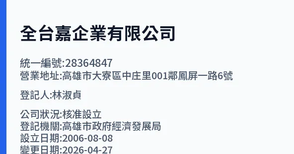 全台嘉企業有限公司的照片-統編 28364847(高雄市) 公司登記資料與營業項目詳細圖表