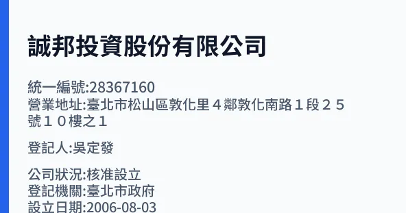 誠邦投資股份有限公司的照片-統編 28367160(臺北市) 公司登記資料與營業項目詳細圖表