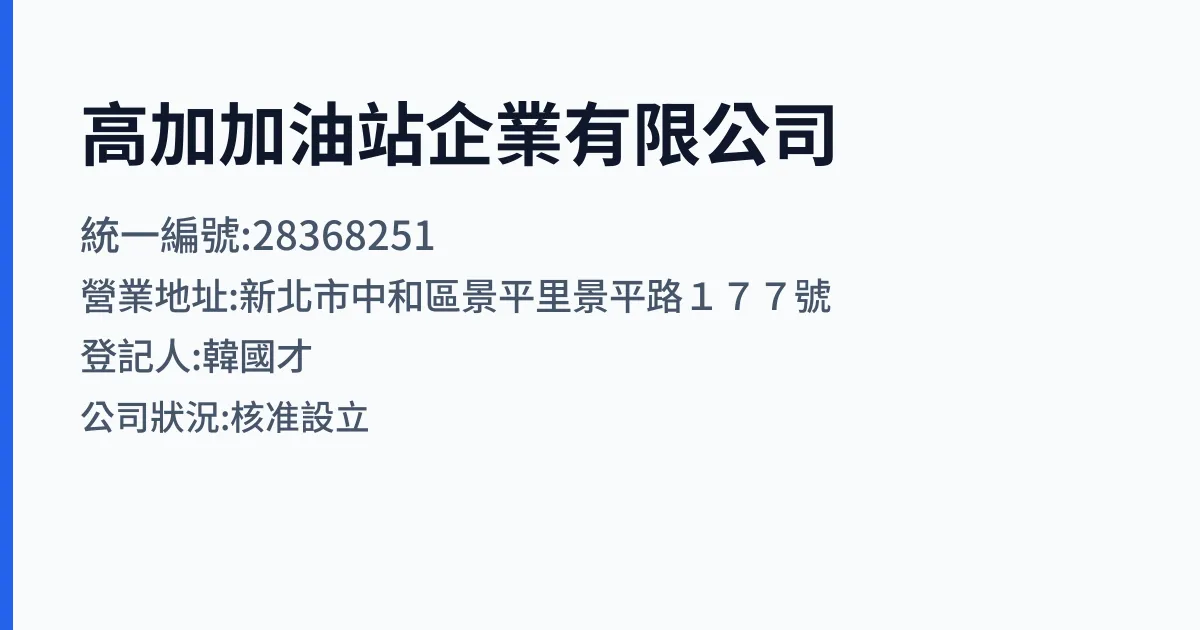 高加加油站企業有限公司 - 統編 28368251(新北市) 公司登記資料與營業項目詳細圖表