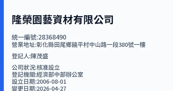 隆榮園藝資材有限公司的照片-統編 28368490(彰化縣) 公司登記資料與營業項目詳細圖表