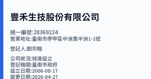 豐禾生技股份有限公司的照片-統編 28369224(臺南市) 公司登記資料與營業項目詳細圖表