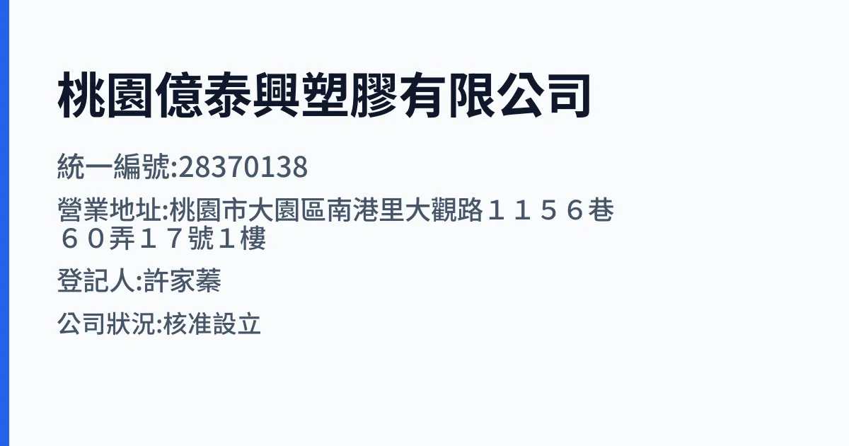 桃園億泰興塑膠有限公司 - 統編 28370138（桃園市） 公司登記資料與營業項目詳細圖表