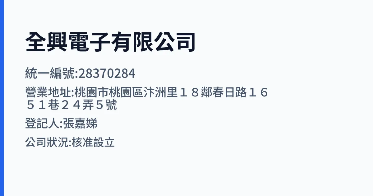 全興電子有限公司 - 統編 28370284(桃園市) 公司登記資料與營業項目詳細圖表
