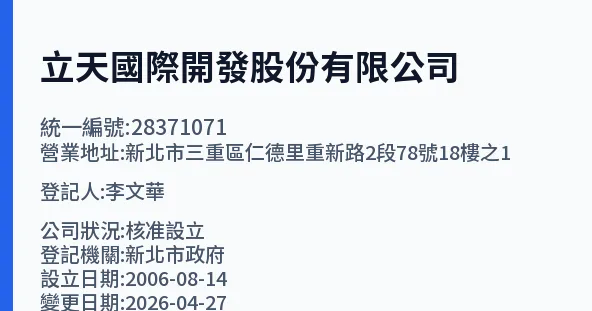 立天國際開發股份有限公司的照片-統編 28371071(新北市) 公司登記資料與營業項目詳細圖表