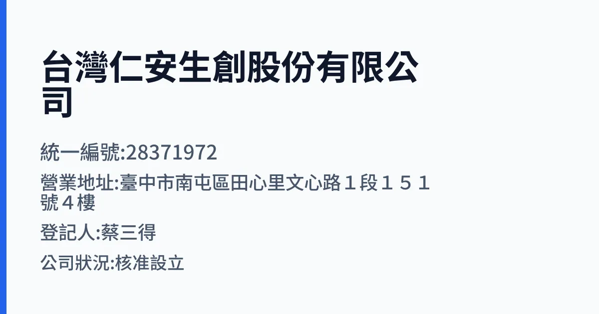 台灣仁安生創股份有限公司 - 統編 28371972(臺中市) 公司登記資料與營業項目詳細圖表